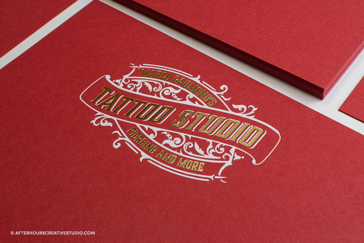 Luxury foil stamped colorplan bright red note card with gold foil